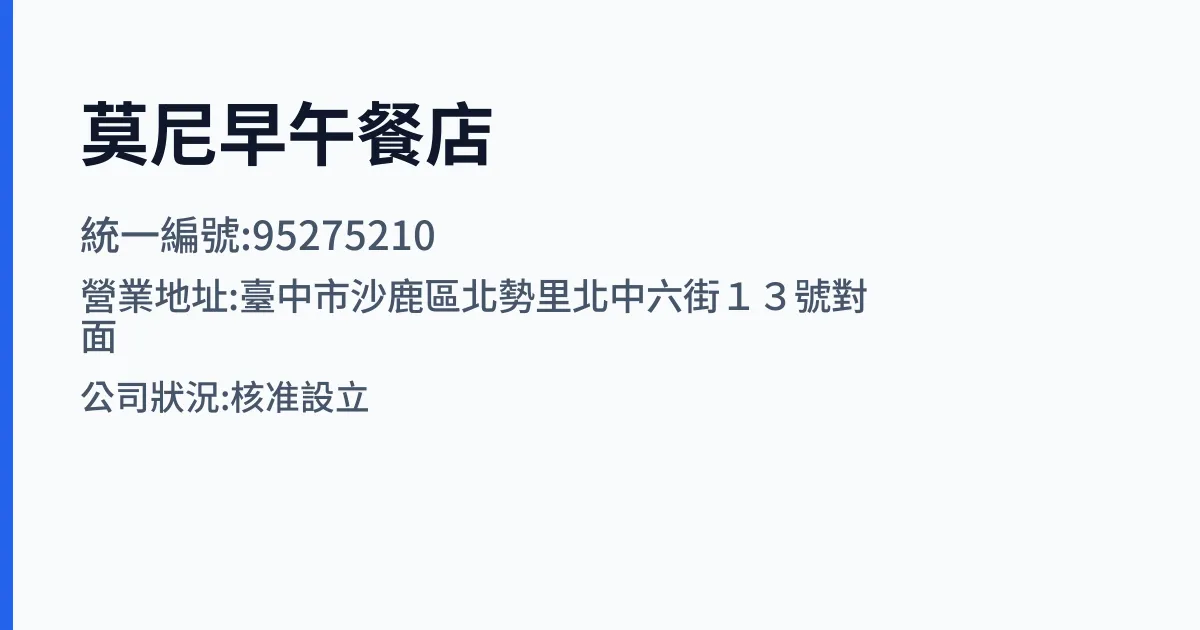 莫尼早午餐店 - 統編 95275210(臺中市) 公司登記資料與營業項目詳細圖表