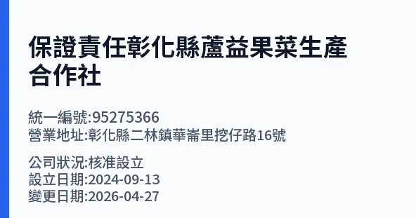 保證責任彰化縣蘆益果菜生產合作社的照片-統編 95275366(彰化縣) 公司登記資料與營業項目詳細圖表