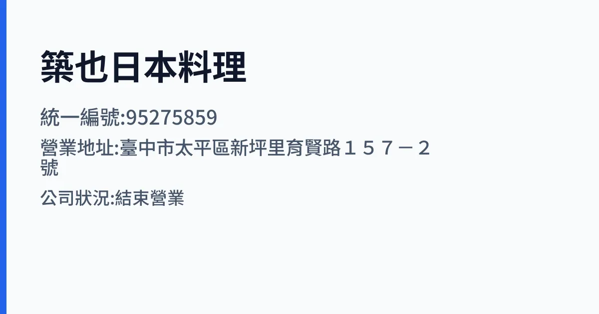 築也日本料理 - 統編 95275859(臺中市) 公司登記資料與營業項目詳細圖表
