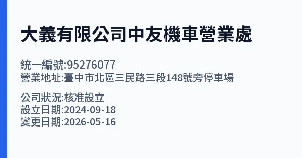 大義有限公司中友機車營業處的照片-統編 95276077(臺中市) 公司登記資料與營業項目詳細圖表