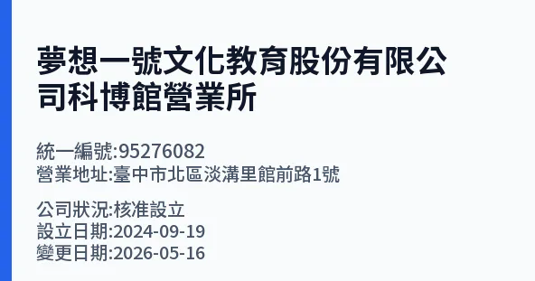 夢想一號文化教育股份有限公司科博館營業所的照片-統編 95276082(臺中市) 公司登記資料與營業項目詳細圖表