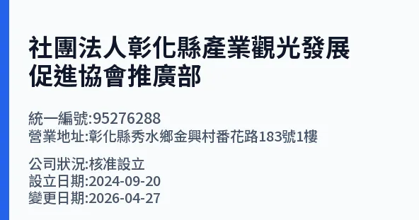 社團法人彰化縣產業觀光發展促進協會推廣部的照片-統編 95276288(彰化縣) 公司登記資料與營業項目詳細圖表