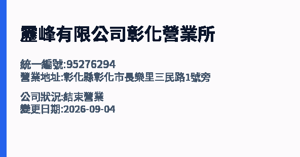 靂峰有限公司彰化營業所的照片-統編 95276294(彰化縣) 公司登記資料與營業項目詳細圖表
