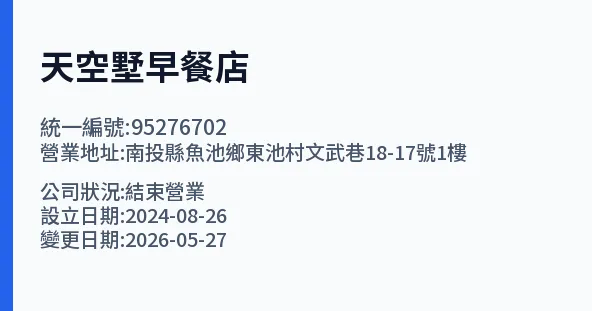 天空墅早餐店的照片-統編 95276702(南投縣) 公司登記資料與營業項目詳細圖表