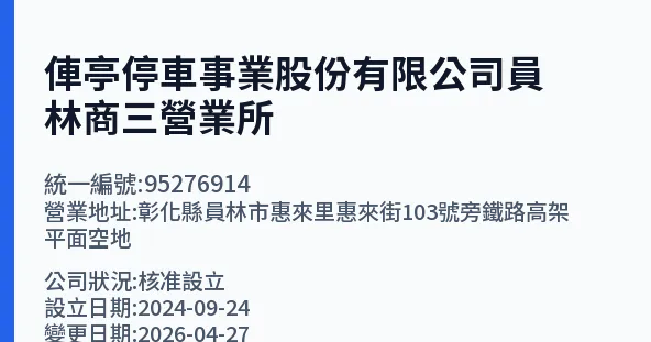 俥亭停車事業股份有限公司員林商三營業所的照片-統編 95276914(彰化縣) 公司登記資料與營業項目詳細圖表