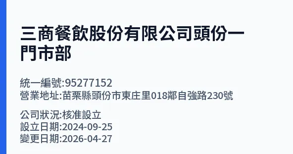 三商餐飲股份有限公司頭份一門市部的照片-統編 95277152(苗栗縣) 公司登記資料與營業項目詳細圖表
