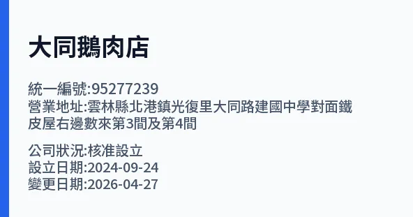 大同鵝肉店的照片-統編 95277239(雲林縣) 公司登記資料與營業項目詳細圖表