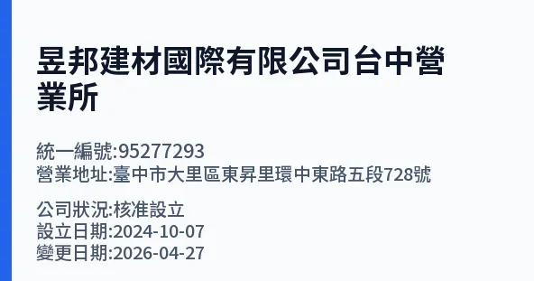 昱邦建材國際有限公司台中營業所的照片-統編 95277293(臺中市) 公司登記資料與營業項目詳細圖表