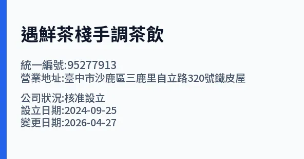 遇鮮茶棧手調茶飲的照片-統編 95277913(臺中市) 公司登記資料與營業項目詳細圖表