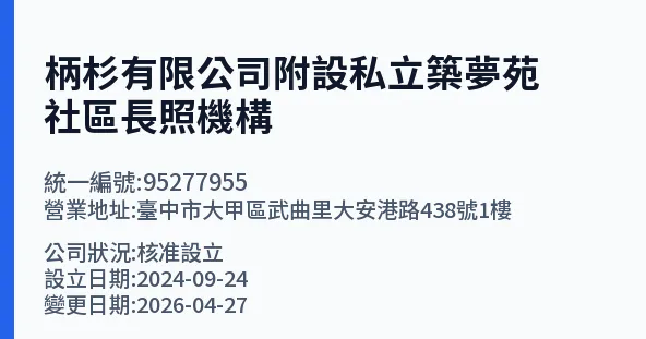 柄杉有限公司附設私立築夢苑社區長照機構的照片-統編 95277955(臺中市) 公司登記資料與營業項目詳細圖表