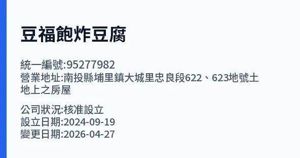 豆福飽炸豆腐的照片-統編 95277982(南投縣) 公司登記資料與營業項目詳細圖表