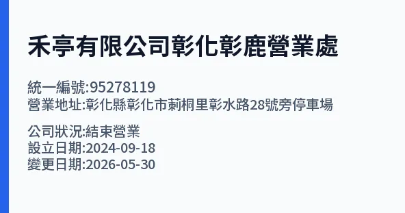 禾亭有限公司彰化彰鹿營業處的照片-統編 95278119(彰化縣) 公司登記資料與營業項目詳細圖表