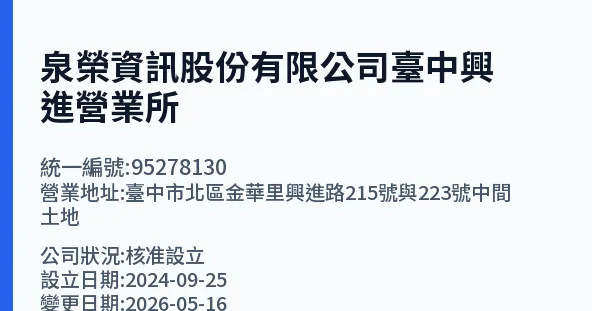 泉榮資訊股份有限公司臺中興進營業所的照片-統編 95278130(臺中市) 公司登記資料與營業項目詳細圖表