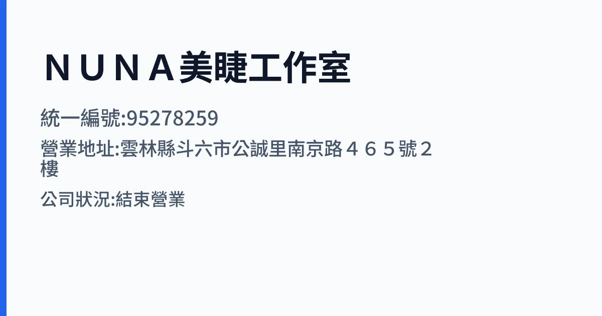 NUNA美睫工作室 - 統編 95278259(雲林縣) 公司登記資料與營業項目詳細圖表