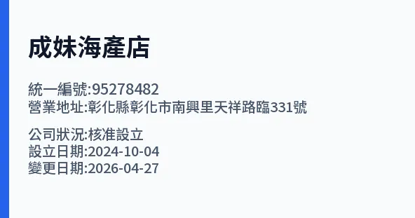 成妹海產店的照片-統編 95278482(彰化縣) 公司登記資料與營業項目詳細圖表
