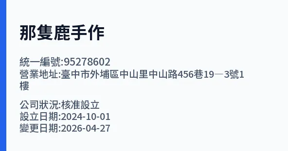 那隻鹿手作的照片-統編 95278602(臺中市) 公司登記資料與營業項目詳細圖表