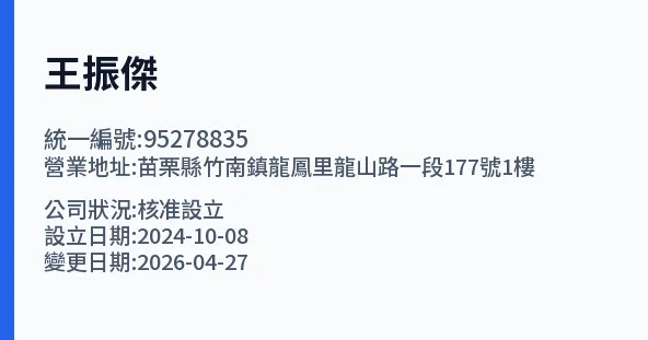 王振傑的照片-統編 95278835(苗栗縣) 公司登記資料與營業項目詳細圖表