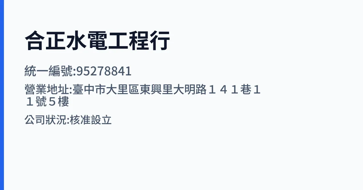 合正水電工程行 - 統編 95278841(臺中市) 公司登記資料與營業項目詳細圖表