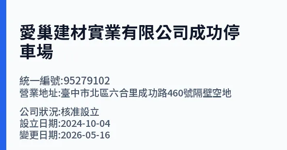 愛巢建材實業有限公司成功停車場的照片-統編 95279102(臺中市) 公司登記資料與營業項目詳細圖表