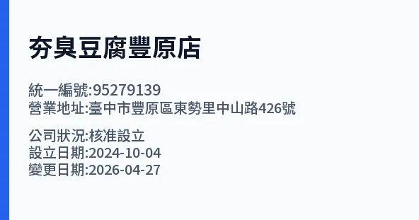 夯臭豆腐豐原店的照片-統編 95279139(臺中市) 公司登記資料與營業項目詳細圖表