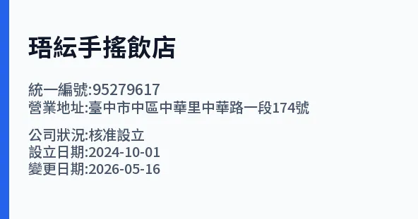 珸紜手搖飲店的照片-統編 95279617(臺中市) 公司登記資料與營業項目詳細圖表