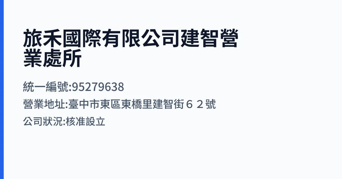 旅禾國際有限公司建智營業處所 - 統編 95279638(臺中市) 公司登記資料與營業項目詳細圖表