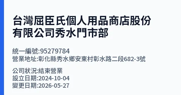 台灣屈臣氏個人用品商店股份有限公司秀水門市部的照片-統編 95279784(彰化縣) 公司登記資料與營業項目詳細圖表