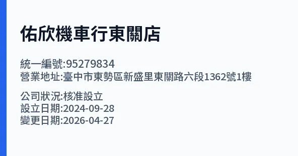 佑欣機車行東關店的照片-統編 95279834(臺中市) 公司登記資料與營業項目詳細圖表