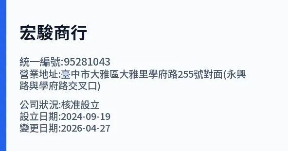 宏駿商行的照片-統編 95281043(臺中市) 公司登記資料與營業項目詳細圖表