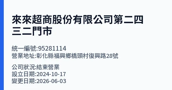 來來超商股份有限公司第二四三二門市的照片-統編 95281114(彰化縣) 公司登記資料與營業項目詳細圖表
