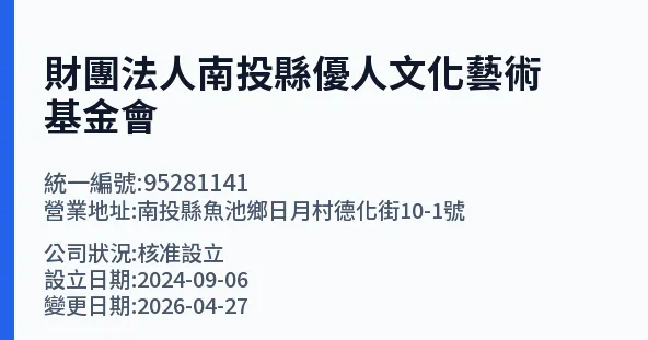 財團法人南投縣優人文化藝術基金會的照片-統編 95281141(南投縣) 公司登記資料與營業項目詳細圖表