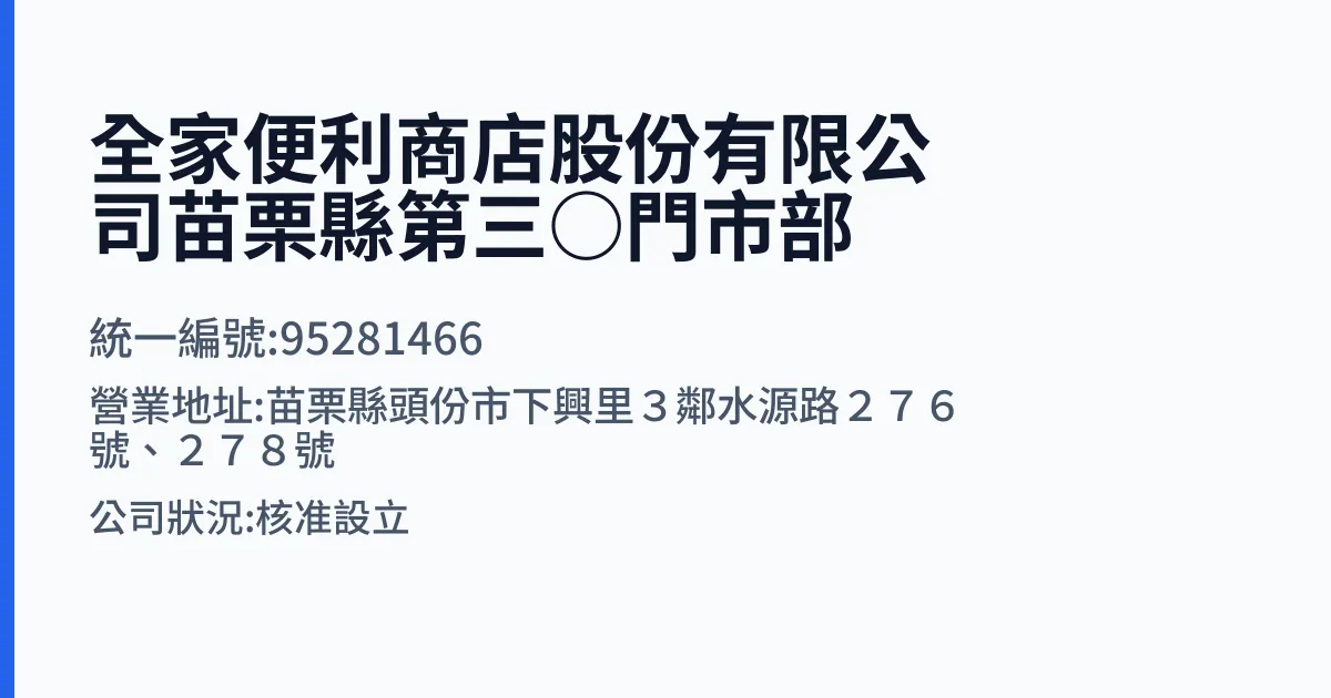 全家便利商店股份有限公司苗栗縣第三○門市部 - 統編 95281466(苗栗縣) 公司登記資料與營業項目詳細圖表