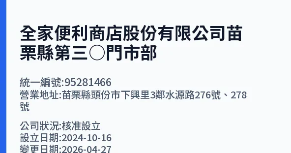 全家便利商店股份有限公司苗栗縣第三○門市部的照片-統編 95281466(苗栗縣) 公司登記資料與營業項目詳細圖表