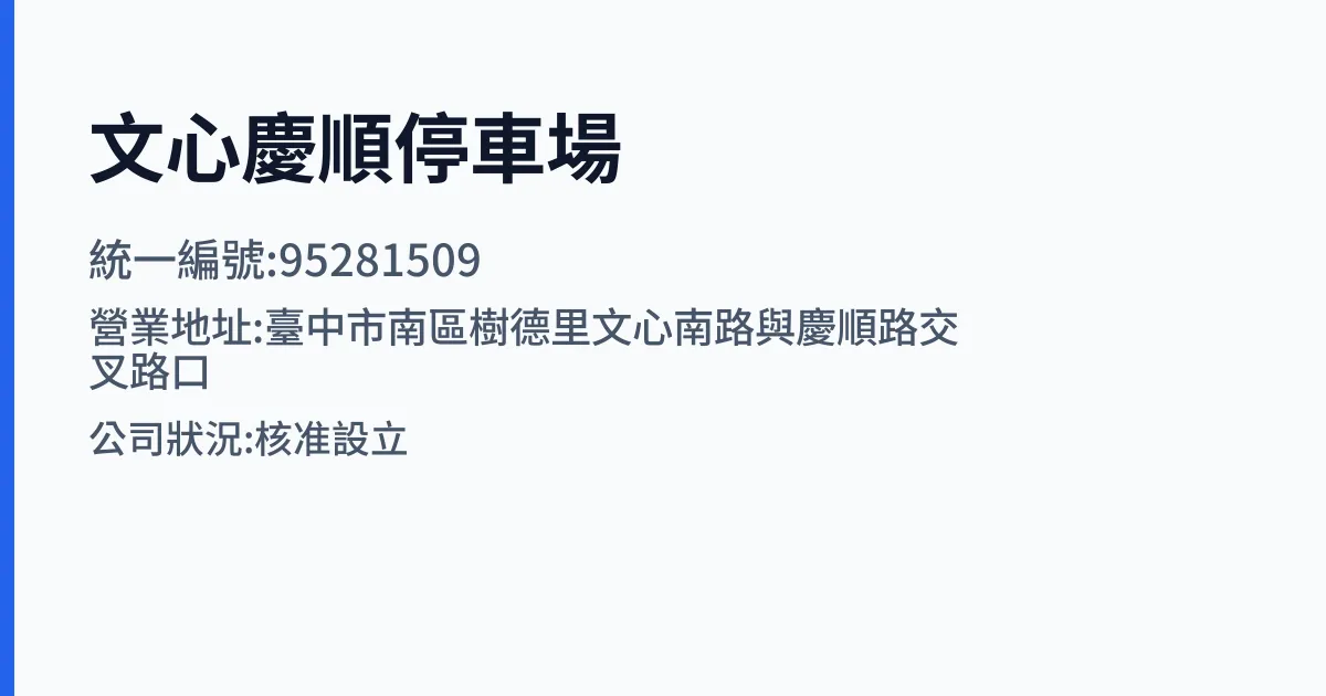文心慶順停車場 - 統編 95281509(臺中市) 公司登記資料與營業項目詳細圖表