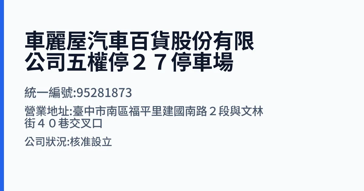 車麗屋汽車百貨股份有限公司五權停２７停車場 - 統編 95281873(臺中市) 公司登記資料與營業項目詳細圖表