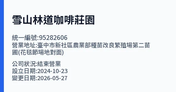 雪山林道咖啡莊園的照片-統編 95282606(臺中市) 公司登記資料與營業項目詳細圖表