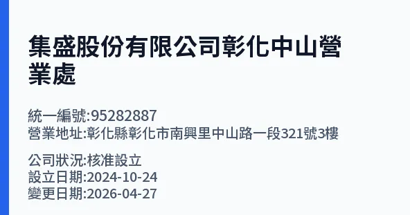集盛股份有限公司彰化中山營業處的照片-統編 95282887(彰化縣) 公司登記資料與營業項目詳細圖表
