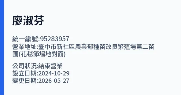 廖淑芬的照片-統編 95283957(臺中市) 公司登記資料與營業項目詳細圖表