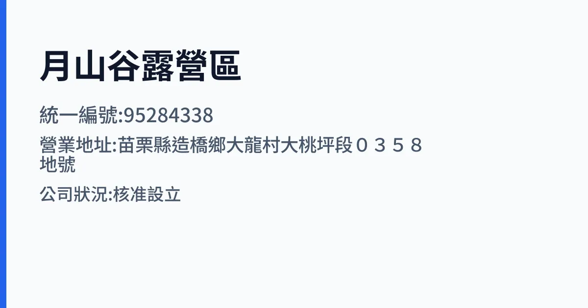 月山谷露營區 - 統編 95284338(苗栗縣) 公司登記資料與營業項目詳細圖表