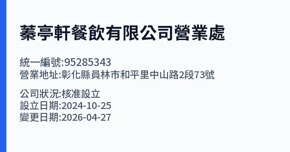 蓁亭軒餐飲有限公司營業處的照片-統編 95285343(彰化縣) 公司登記資料與營業項目詳細圖表