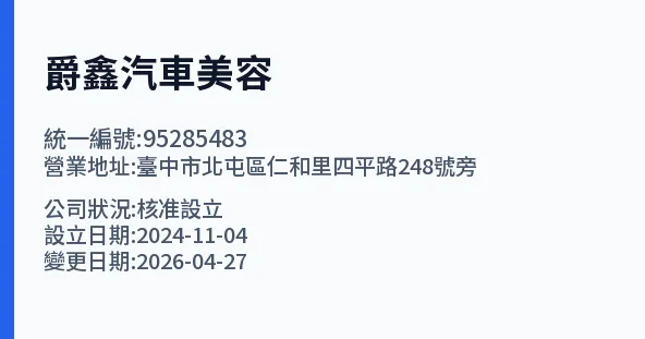爵鑫汽車美容的照片-統編 95285483(臺中市) 公司登記資料與營業項目詳細圖表