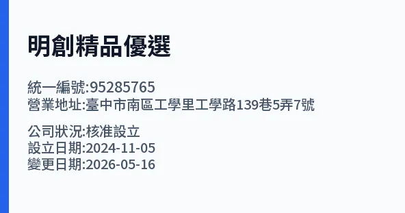 明創精品優選的照片-統編 95285765(臺中市) 公司登記資料與營業項目詳細圖表