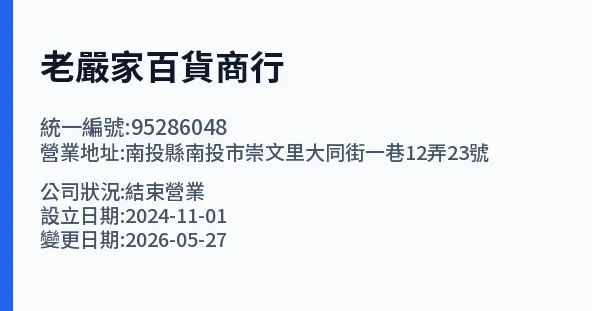 老嚴家百貨商行的照片-統編 95286048(南投縣) 公司登記資料與營業項目詳細圖表