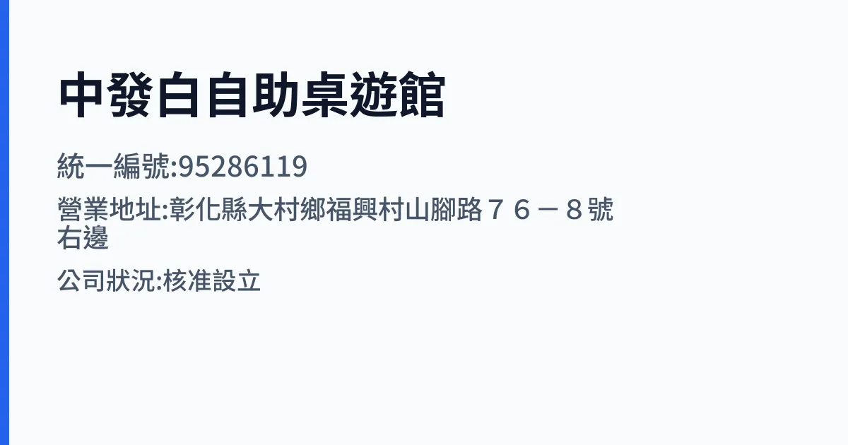 中發白自助桌遊館 - 統編 95286119(彰化縣) 公司登記資料與營業項目詳細圖表