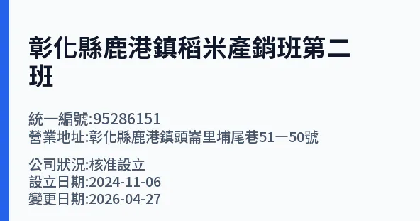 彰化縣鹿港鎮稻米產銷班第二班的照片-統編 95286151(彰化縣) 公司登記資料與營業項目詳細圖表