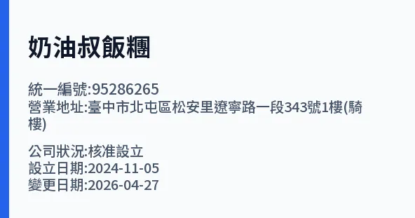奶油叔飯糰的照片-統編 95286265(臺中市) 公司登記資料與營業項目詳細圖表