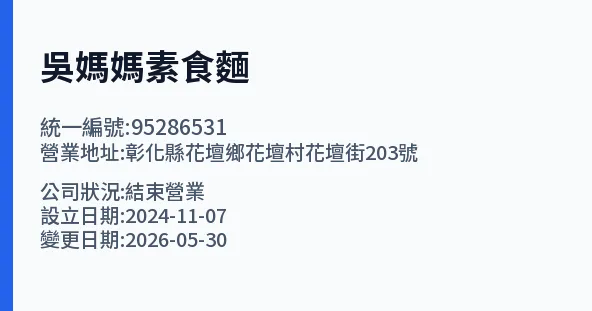 吳媽媽素食麵的照片-統編 95286531(彰化縣) 公司登記資料與營業項目詳細圖表
