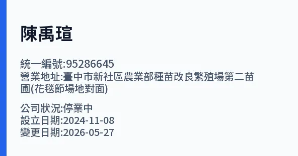 陳禹瑄的照片-統編 95286645(臺中市) 公司登記資料與營業項目詳細圖表
