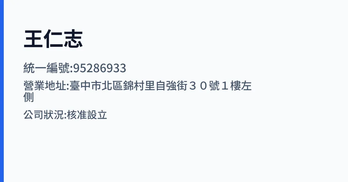 王仁志 - 統編 95286933(臺中市) 公司登記資料與營業項目詳細圖表