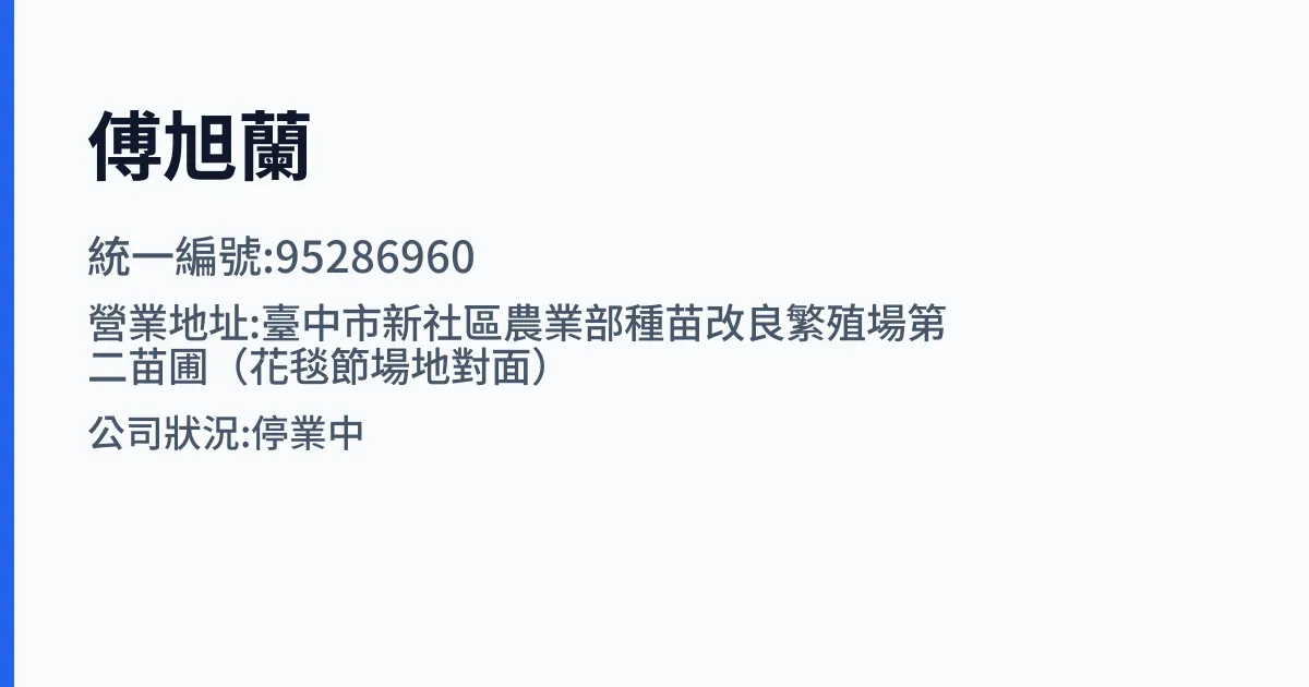 傅旭蘭 - 統編 95286960(臺中市) 公司登記資料與營業項目詳細圖表